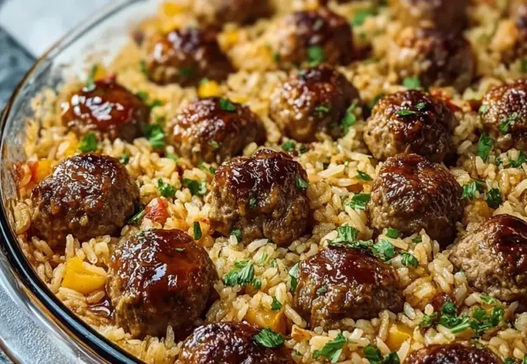Honey Garlic Meatball Rice Bake – 95recipes.com